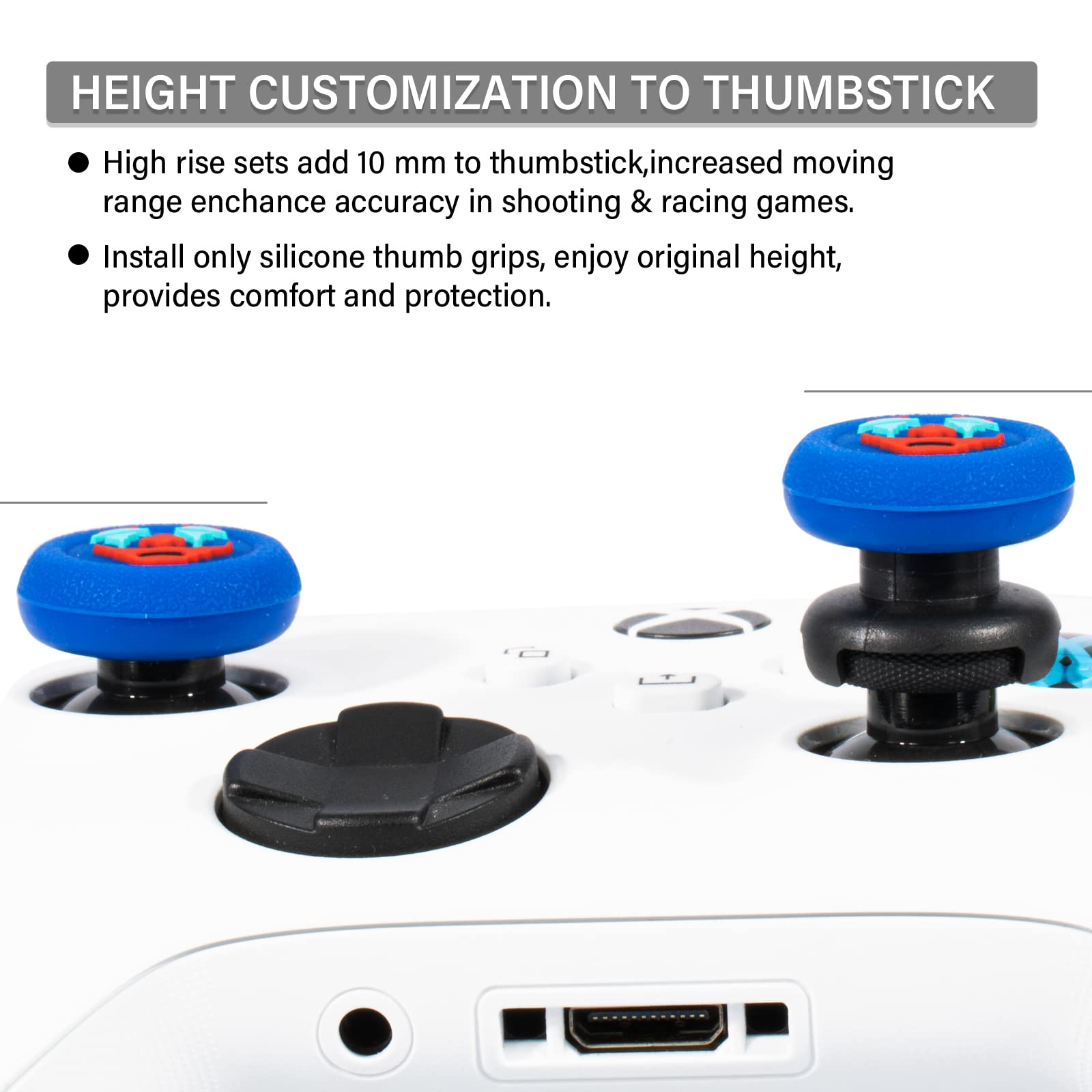 Playrealm FPS Thumbstick Extender &Texture Rubber Silicone Grip Cover 2 Sets for Xbox Series X/S & Xbox One Controller(Joker Blue)