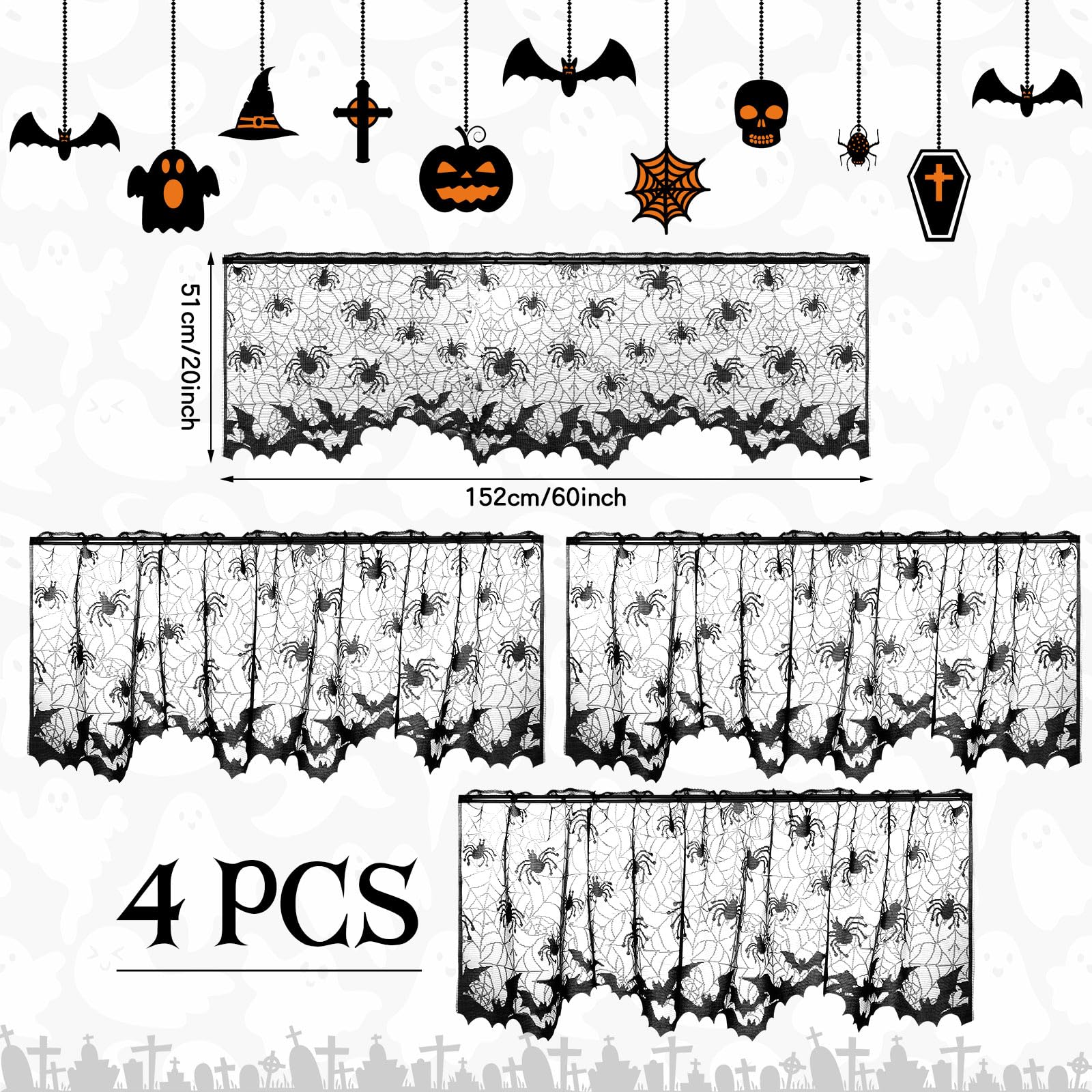 Preboun 4 Pcs Halloween Goth Valance Curtains Kitchen Decor Black Lace Skull Bat Gothic Spooky Witchy Short Shower Curtains Room Decoration for Halloween Party Supply