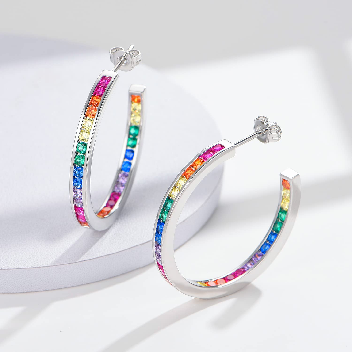 YINONE Rhodium Plated Rainbow Hoop Earrings Colorful CZ Silver Hoop Earrings