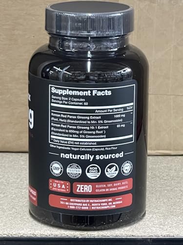 NutraChamps Korean Red Panax Ginseng Capsules | Extra Strength Ginsenosides for Energy, Focus, Performance, Vitality & Immune Support | Korean Red Ginseng Root Extract Powder Supplement | Vegan Pills