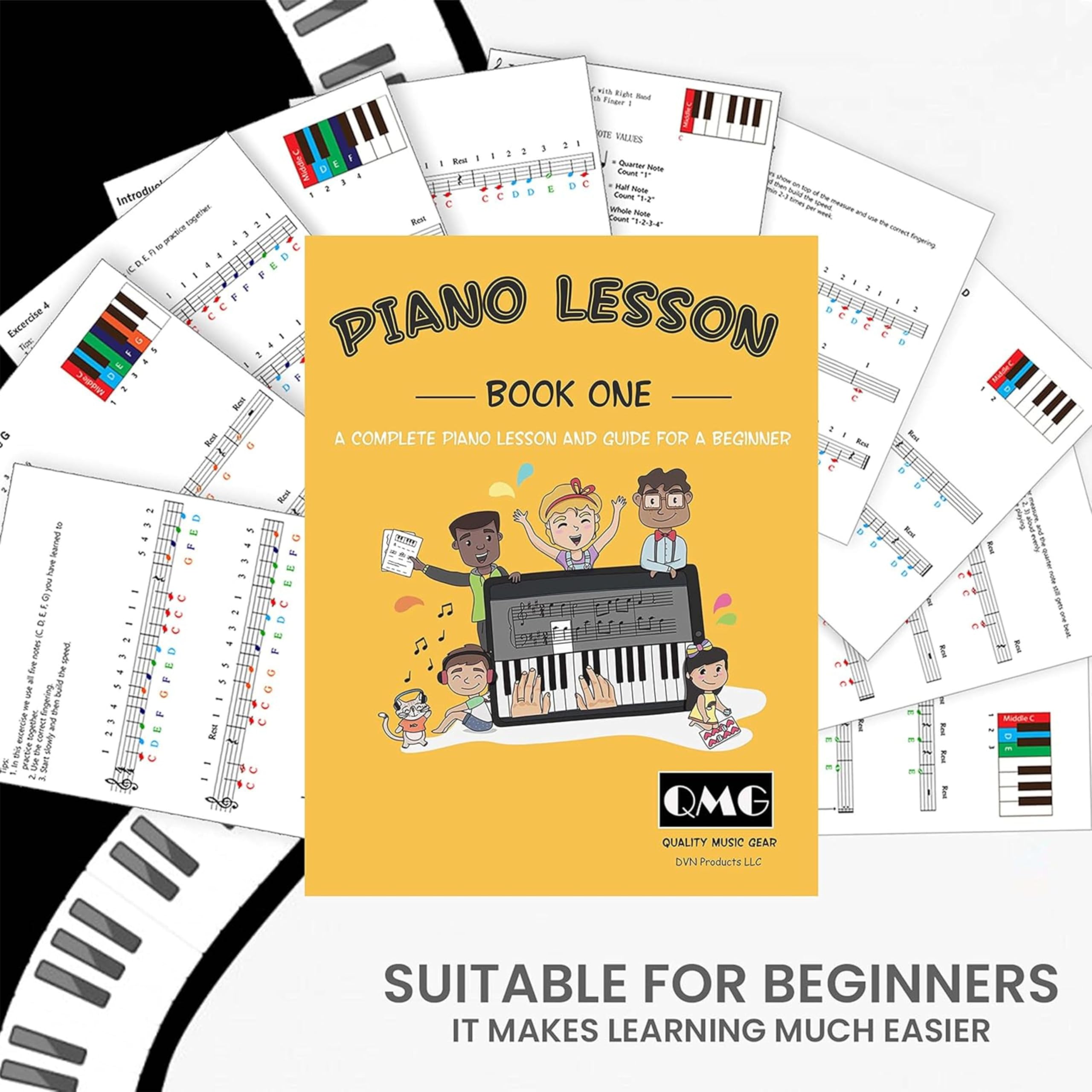 QMG Color Piano and Keyboard Stickers and Complete Color Note Piano Music Lesson and Guide Book for Kids and Beginners