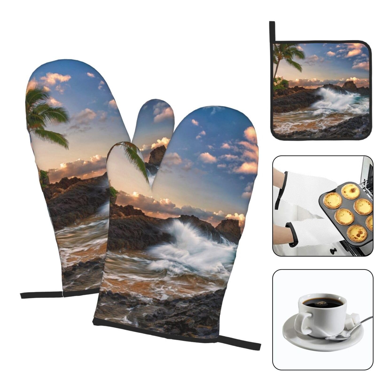 Palm Trees Clouds Tropical Coast Printed Oven Mitt and Pot Holders Set of 3 Non-Slip Cooking Gloves Heat Resistant Hot Pads for Kitchen BBQ Baking