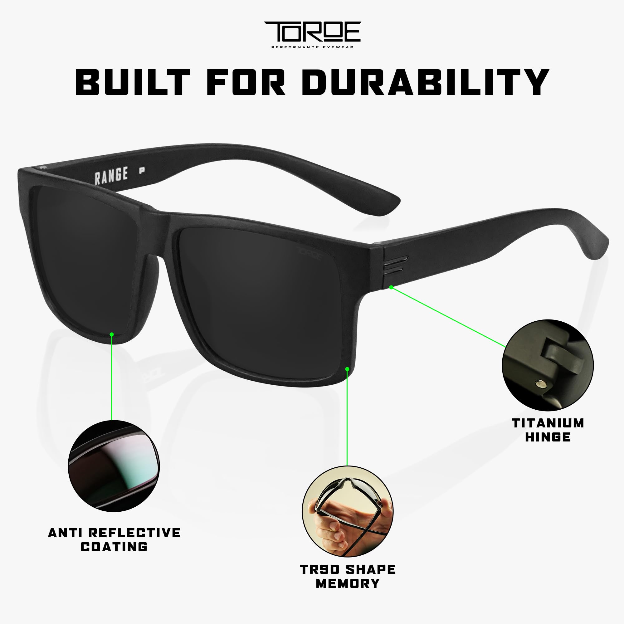 TOROE Men's Black Sqaure TR90 Frame Sunglasses with Polarized Anti Reflective Water Repellant Polycarbonate Lens