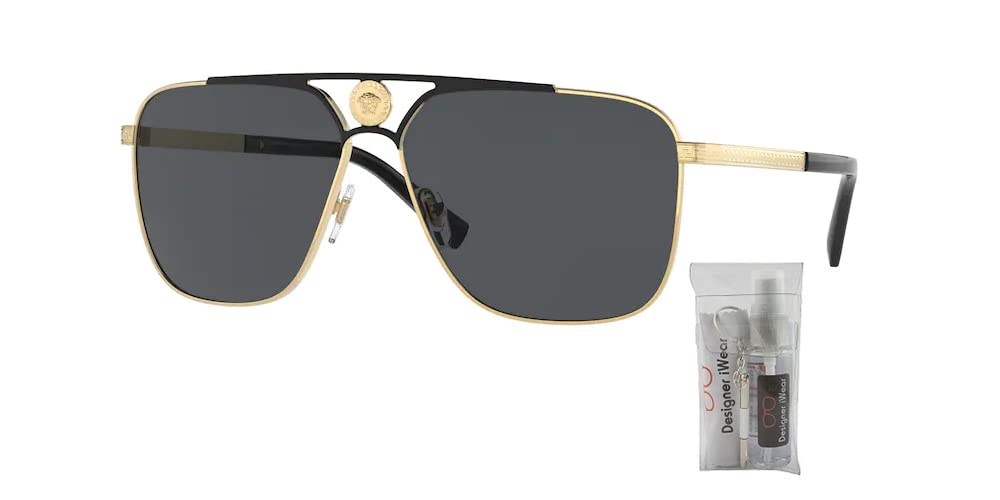 Versace VE2238 143687 61MM Gold/Matte Black/Dark Grey Rectangular Sunglasses for Men + BUNDLE With Designer iWear Eyewear Kit