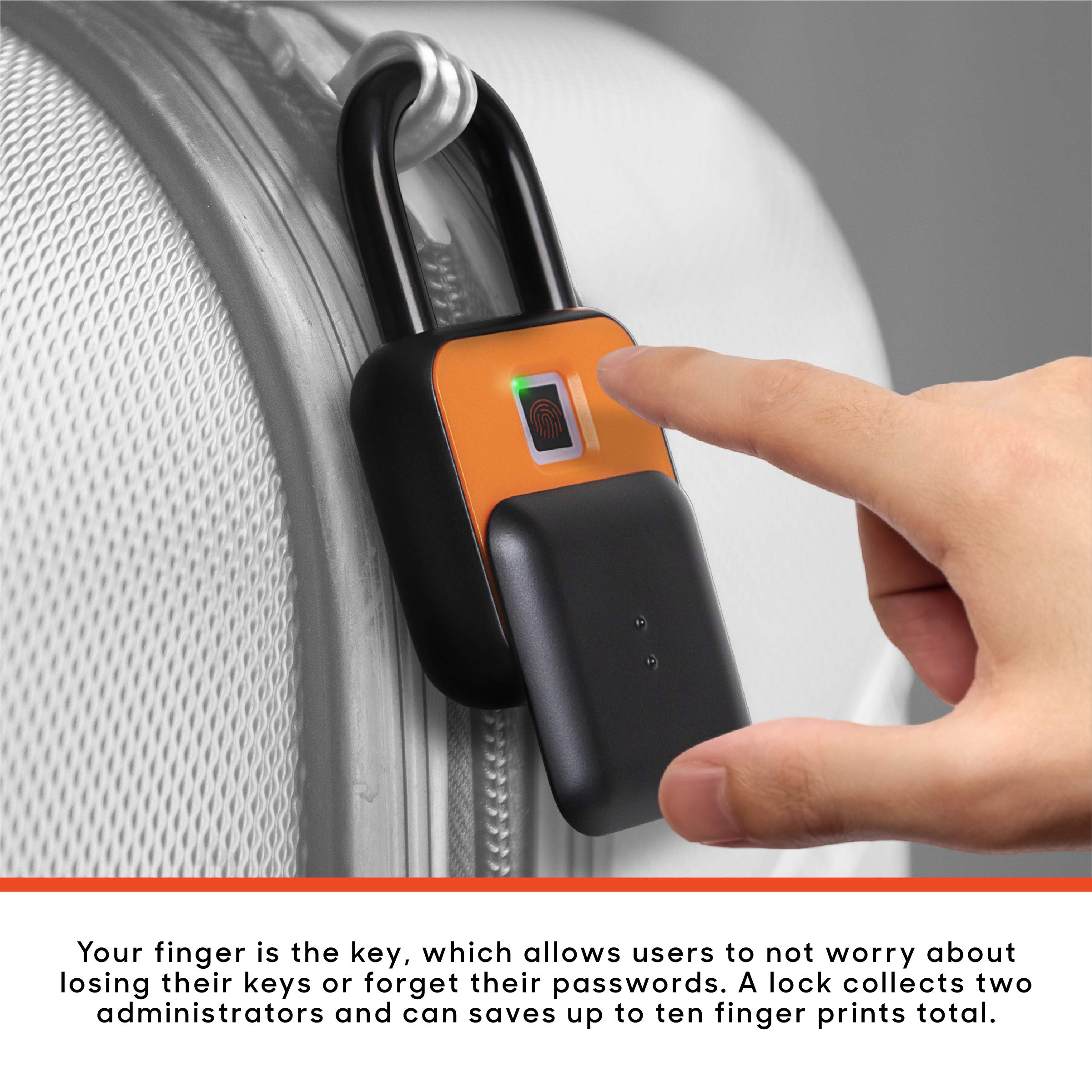 SHARPER IMAGE Fingerscan Digital Padlock, Biometric Keyless Code-Free Smart Lock, Rechargeable and IP66 Waterproof, Portable Security for Locker, Bike, Door, Gate, Home, Securely Unlock w/ Thumbprint