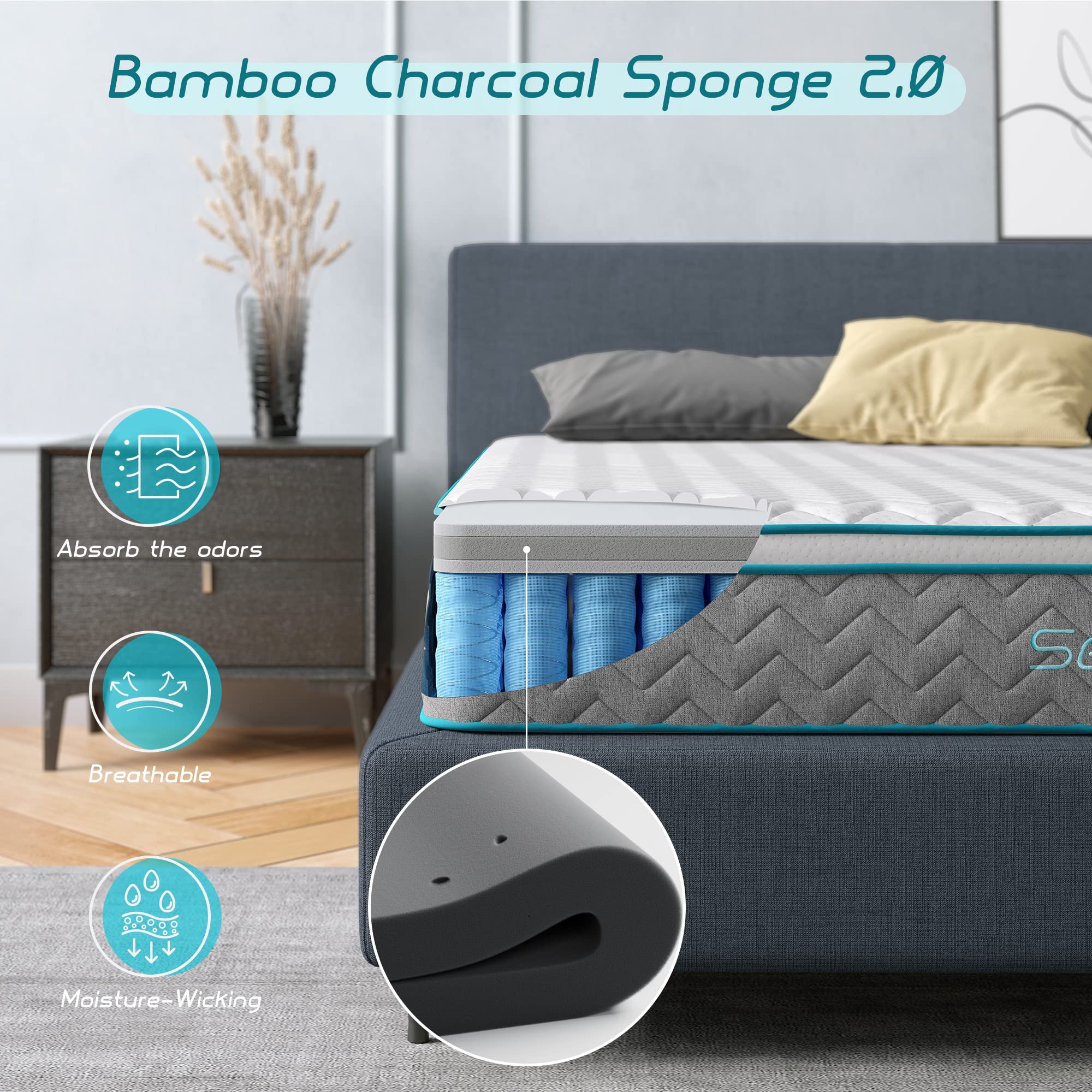 Serweet 10 Inch Bamboo Charcoal Memory Foam Hybrid Queen Mattress - 7-Zone Pocket Innersprings for Motion Isolation -Heavier Coils for Durable Support -Medium Firm -Made in Century-Old Factory
