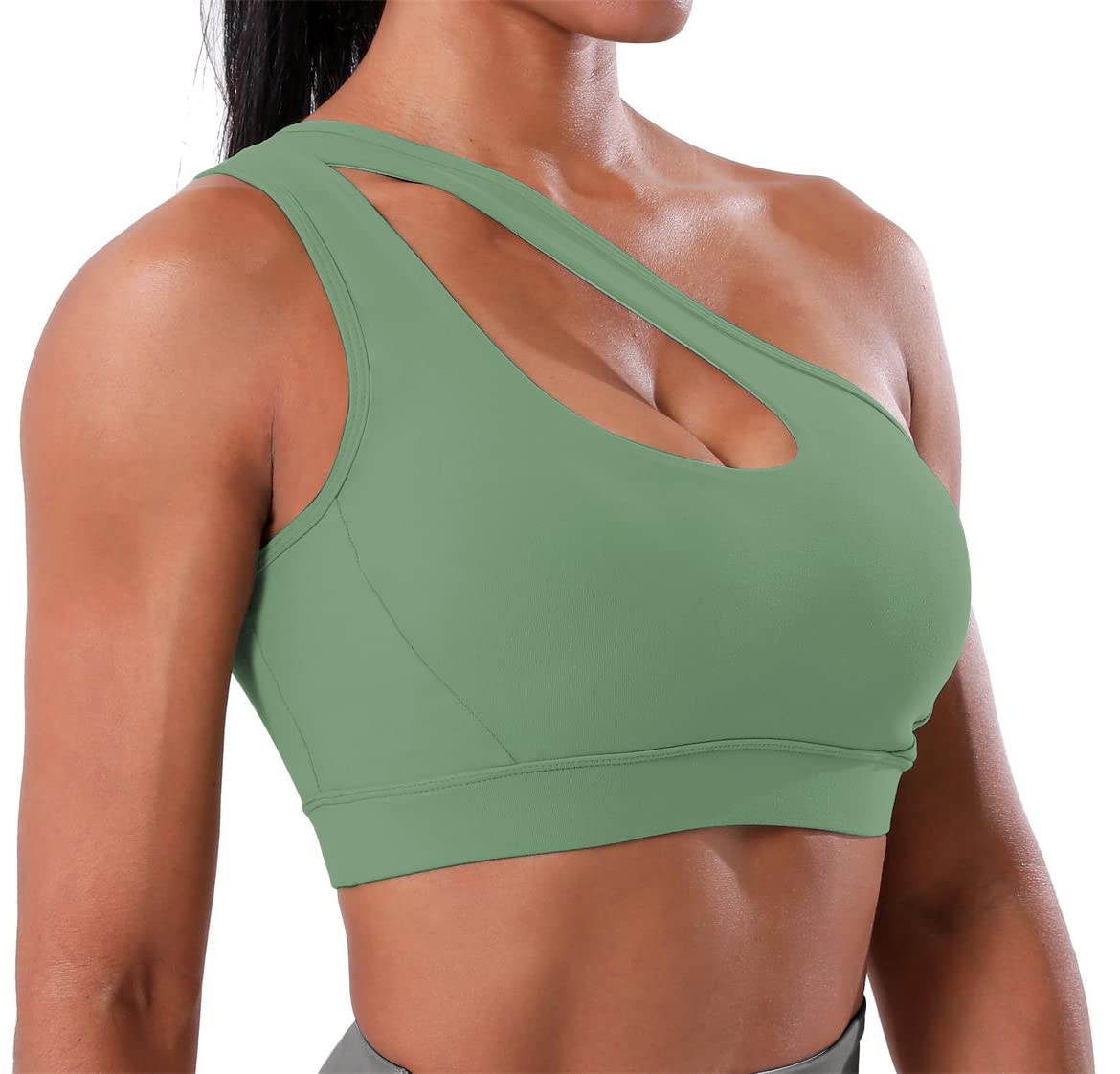 YOGASASA One Shoulder Sports Bra for Women Workout Bras Sexy Cute Yoga Bra Medium Support,Green