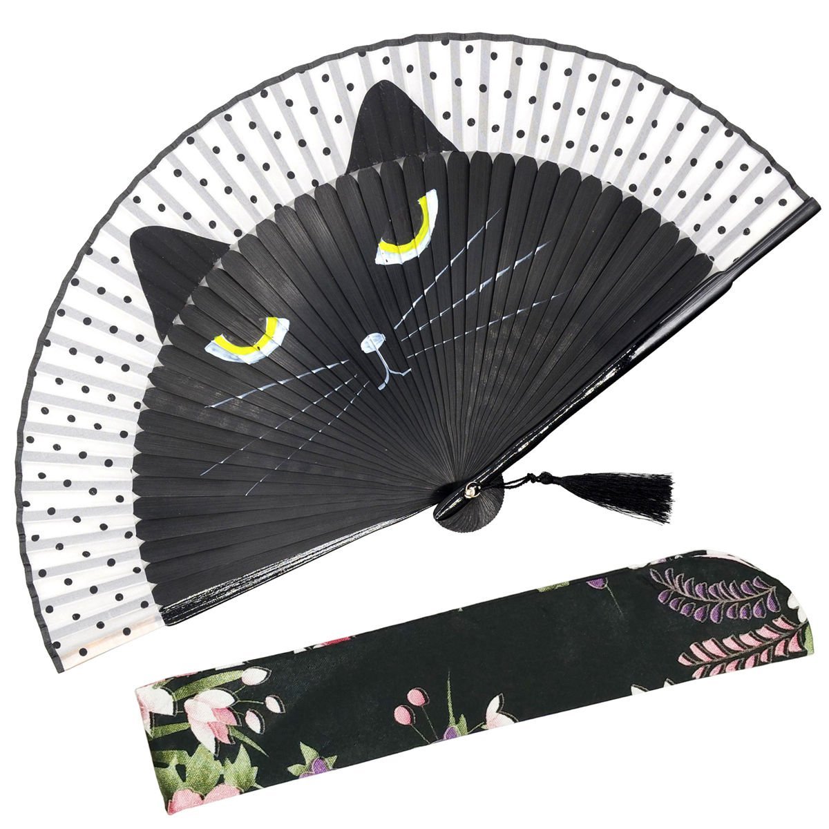 OMyTea "Sexy Cat Folding Hand Held Fan for Women - with a Fabric Sleeve for Protection - Chinese/Japanese Vintage Retro Style for Wedding, Dancing, Church, Party, Gifts (Black)