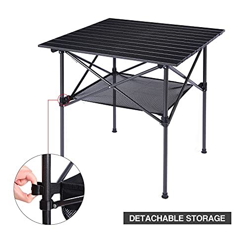 Stonehomy Aluminum Camping Table Roll Top with Mesh Storage, Folding Lightweight Roll Up Table Square for Outdoor Camping Grill, Black, 27.6X27.6 Inch