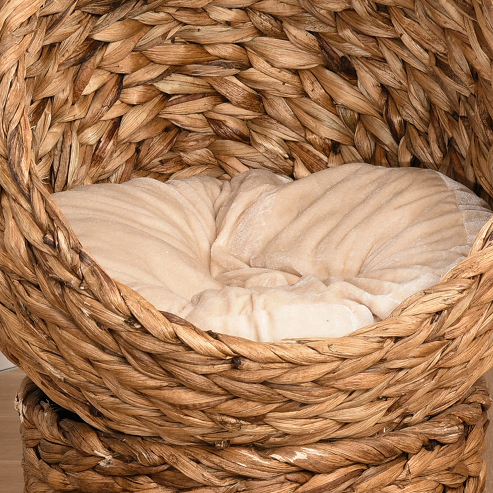 PawHut Handwoven Elevated Cat Bed with Soft Cushion & Cat Egg Chair Shape, Cat Basket Bed Kitty House with Stand, Raised Wicker Cat Bed for Indoor Cats, 23.5" H, Brown