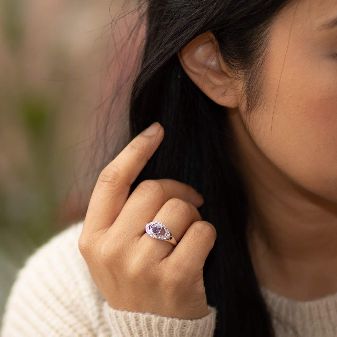 PEORA Simulated Alexandrite Ring in Sterling Silver, Enlightened Eye Design, Round Shape, 6mm, 1 Carat total, Size 8