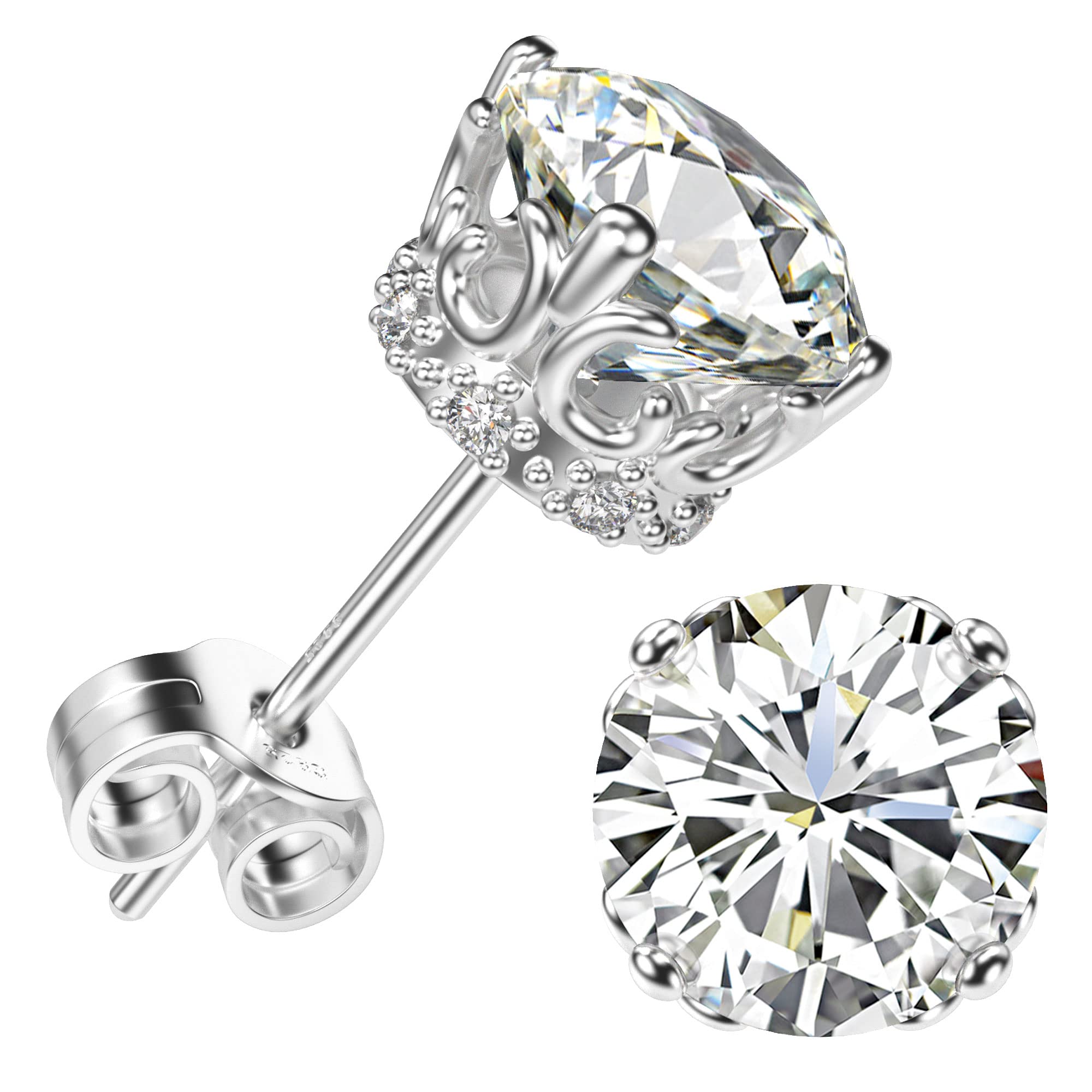 UNFAAR 18K White Gold Plated Sterling Silver Brilliant Round Cut Cubic Zirconia Stud Earrings Simulated Diamond Stud Earrings for Women Men Hypoallergenic (White Gold)