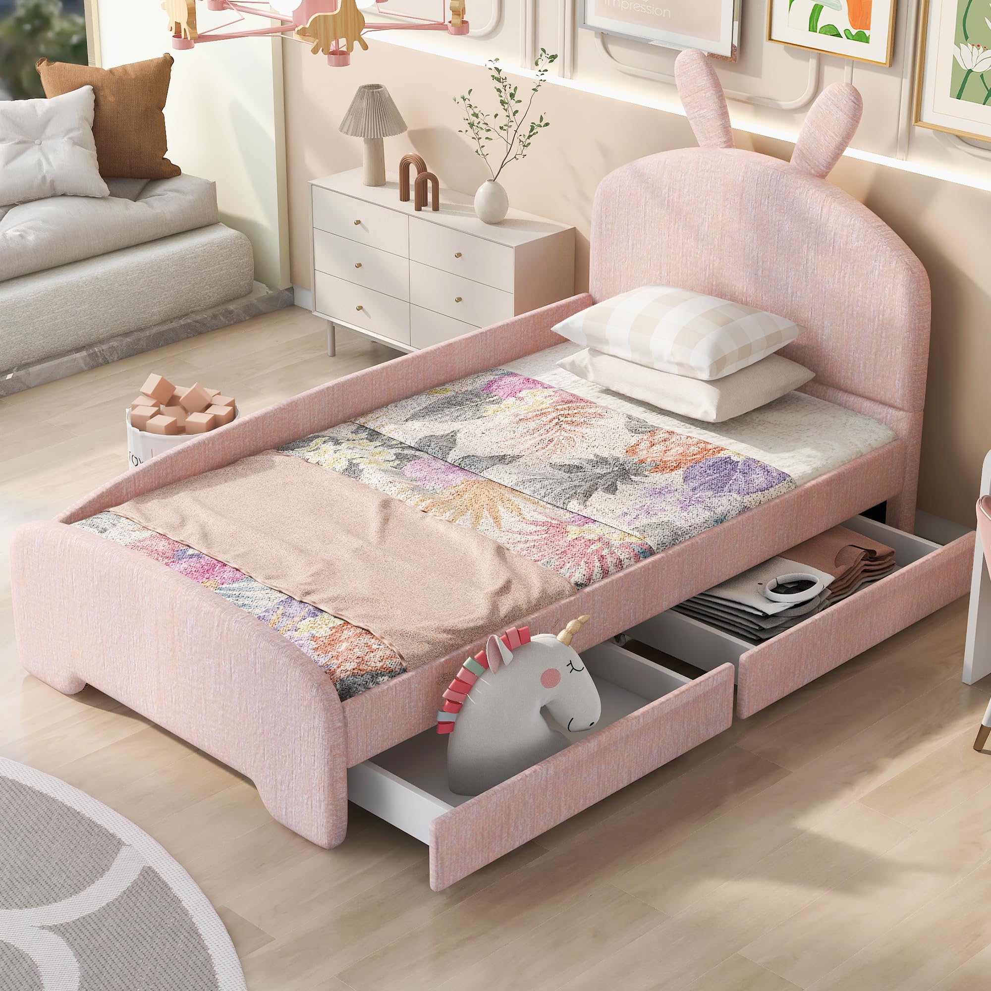 PRNDOLE Twin Size Upholstered Platform Bed Frame with 2 Drawers and Cartoon Ears Shaped Headboard for Kids,Pink