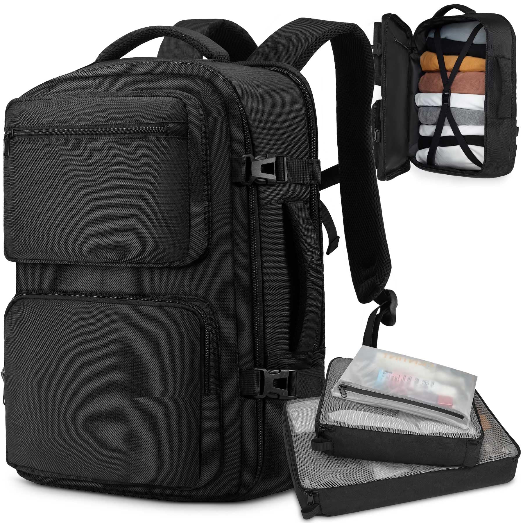 Travel Backpack for Men Women, 40L Large Flight Approved Carry on Backpack, Personal Item Luggage Backpack with 3 Packing Cubes, Water Resistant Weekender Daypack 17 Inch College Laptop Backpack Black