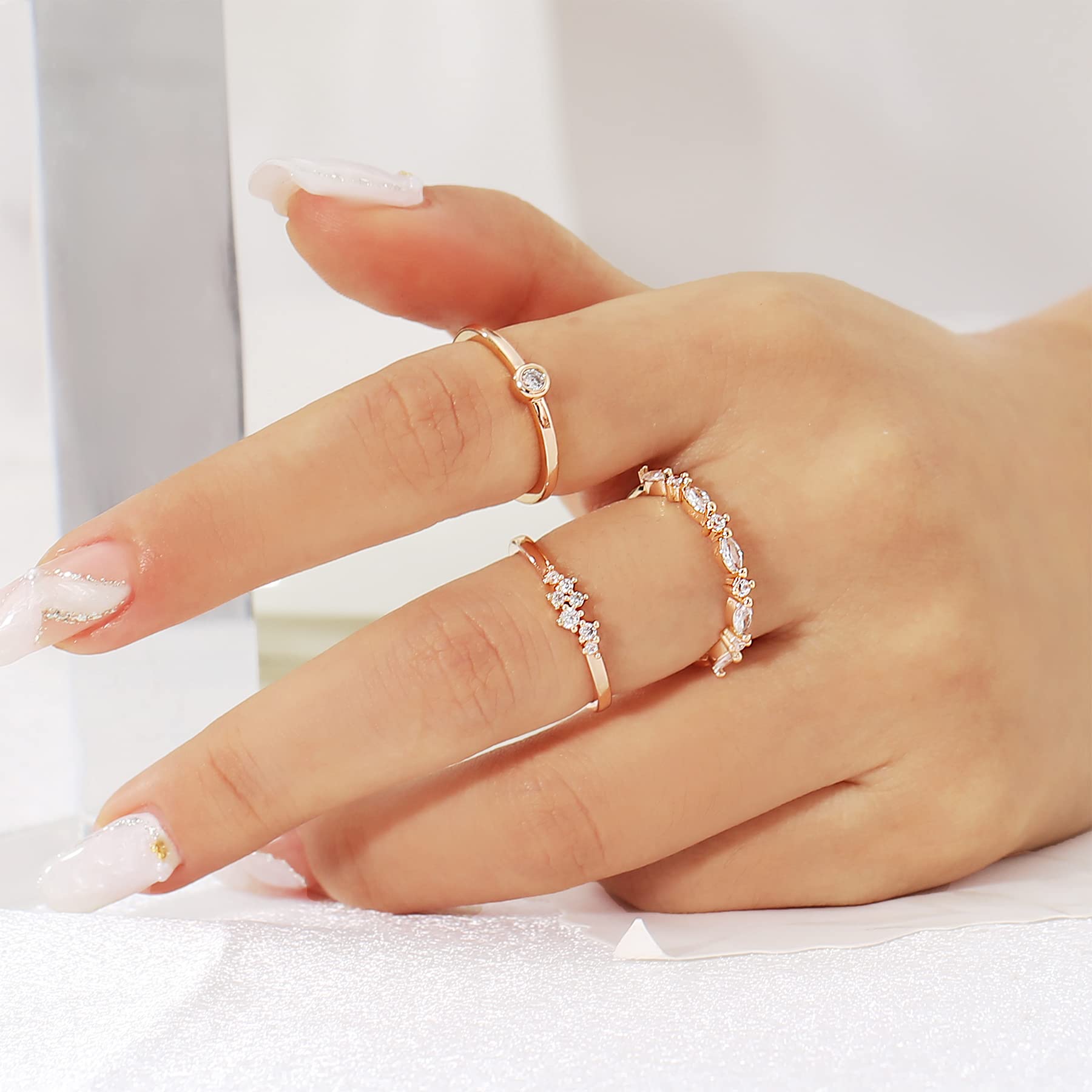 TOBENY 3PCS 14K Gold Rings for Women Gold Stacking Knuckle Rings Women's Plain Band Rings Cubic Zirconia Statement Rings Eternity Wedding Rings Size 4-10