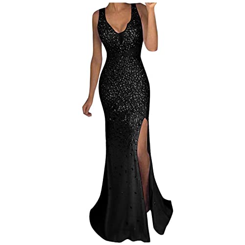 Side Split Mermaid Maxi Dress for Women Solid Color Tank Dress V-Neck High Waist Sequin Evening Dress