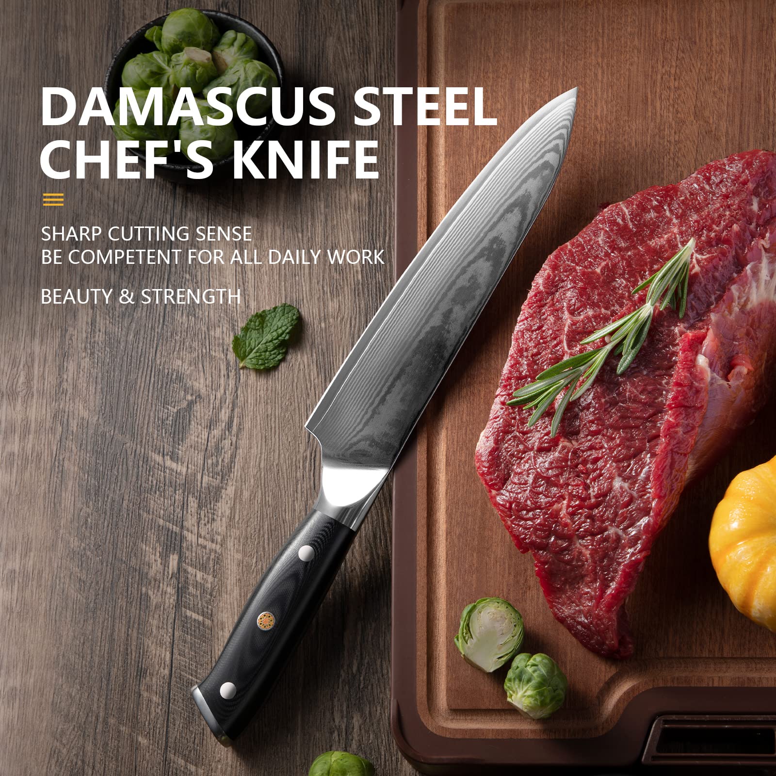 Prochion 8 Inch Damascus Chef Knife for Kitchen, Razor Sharp 67 layers High Carbon Damascus Steel Chef Knife, Premium Kitchen Knives with Black Ergonomic G10 Handle and Triple Rivet, Gift Box