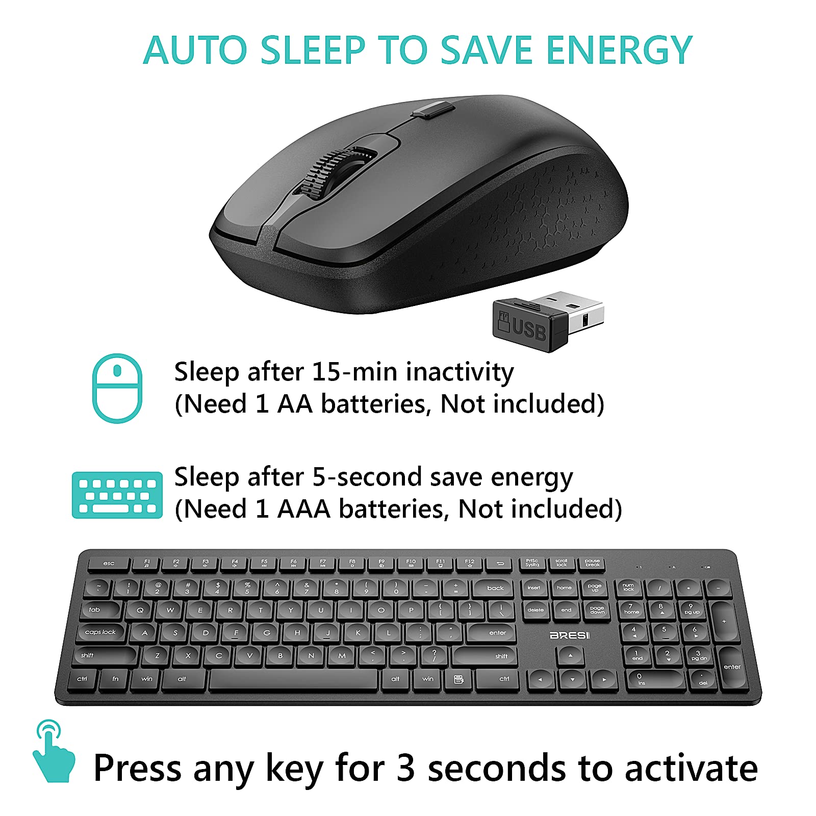 Wireless Keyboard Mouse Combo, BreSii Wireless Keyboard and Mouse Computer Keyboards Mouse Full-size Silent Slim 2.4GHz USB For kids E-Learning PC Desktop Computers Notebook Laptop Windows Office Home