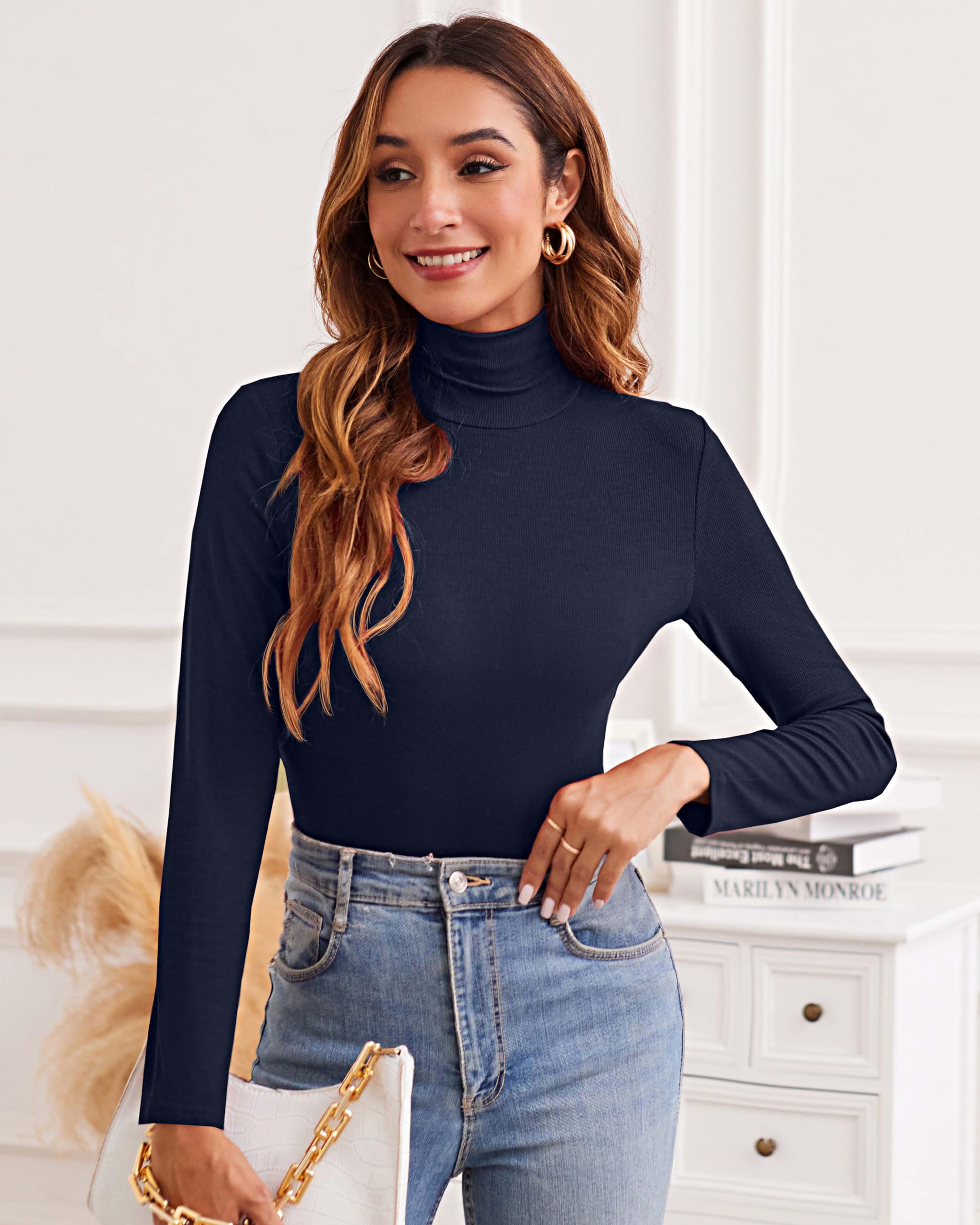 XSRYT Turtleneck for Women Thermal Tops Long Sleeve Stretch Ribbed Knit Sweaters Navy Blue S