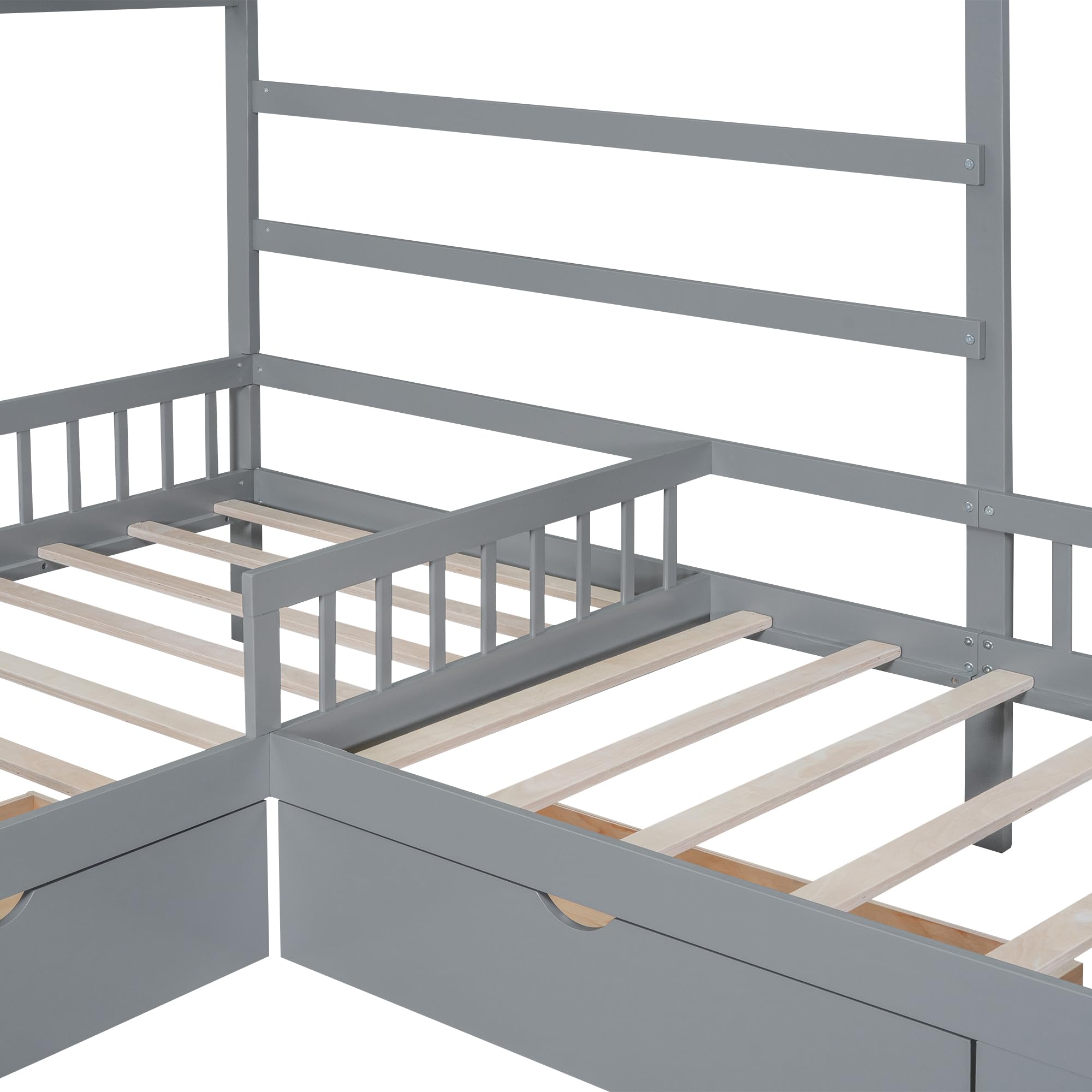 PRNDOLE Twin Size House Platform Bed with 3 Storage Drawers,L Shape Platform Beds for Children,Gray