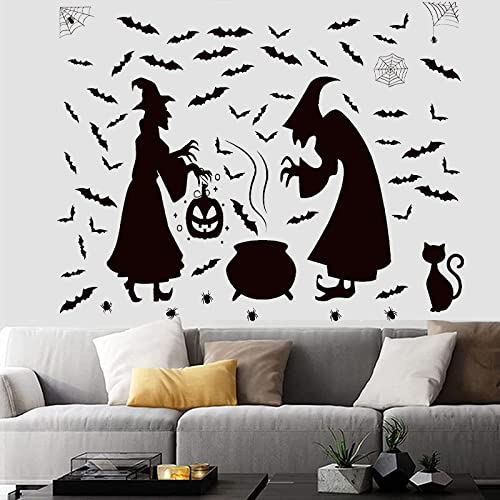 Sika Deer Halloween Window Decorations - Extra Large 2 Witches with Black Cat Bat Spider Cauldron Silhouette Halloween Window Stickers Indoor,Window Clings for Halloween Party Decorations(3 Sheets)