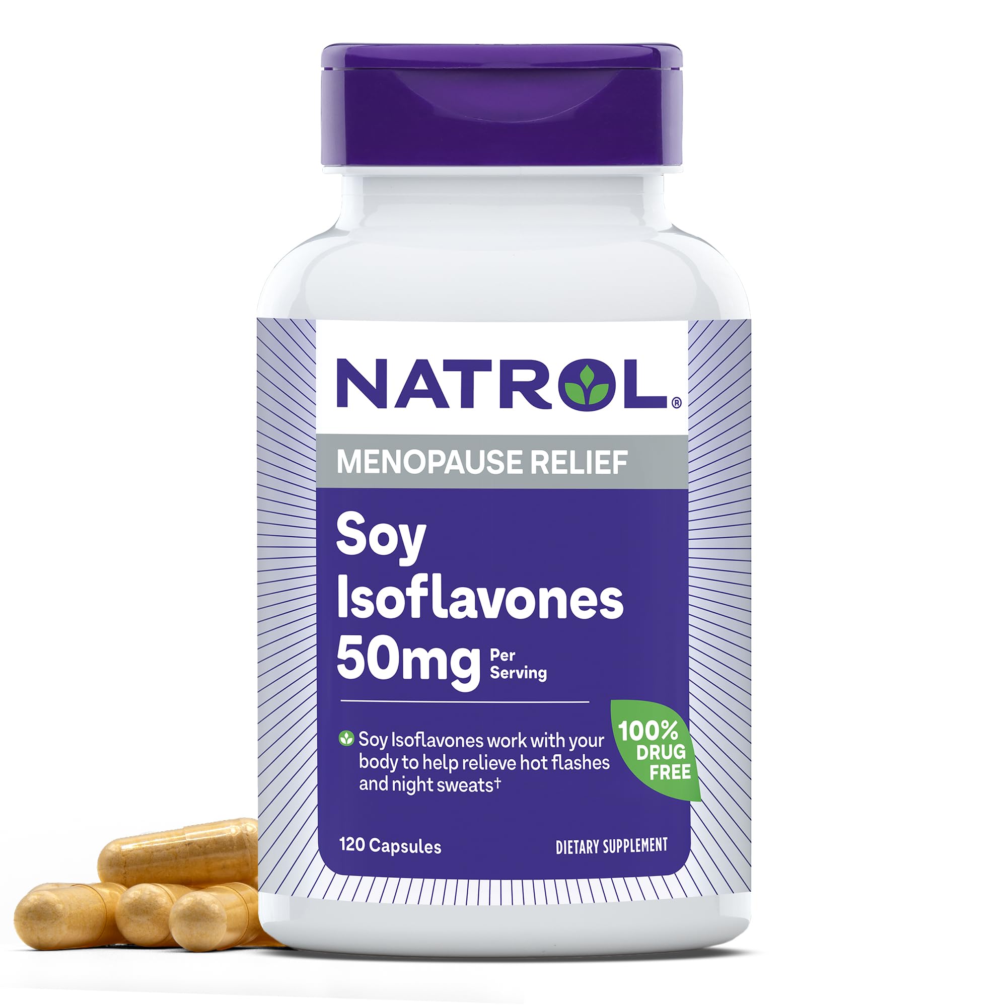 Natrol Soy Isoflavones Capsules, Menopause Relief, 50mg, 120 Count (Pack of 2) Purple