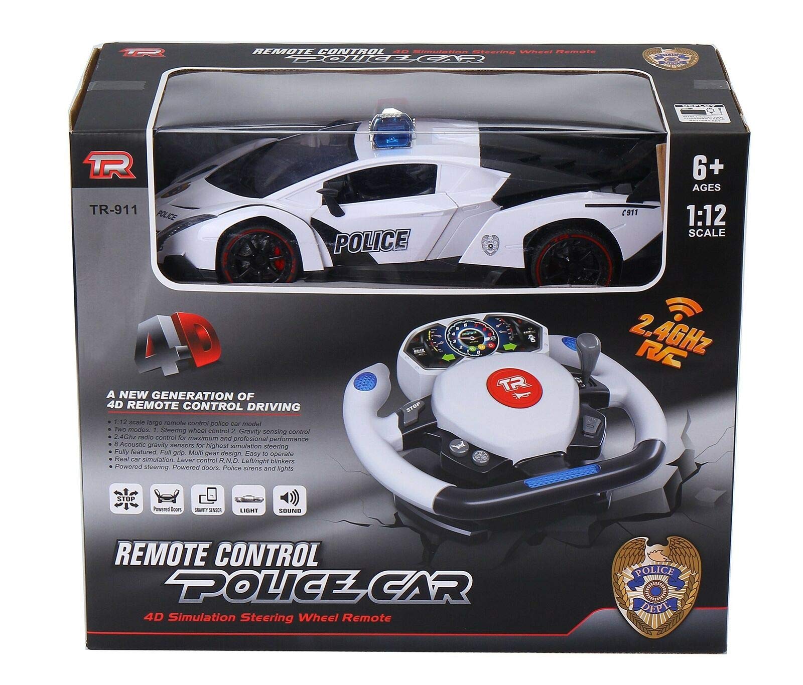 Remote Control Police Car, 4D Motion Gravity and Steering Wheel Control, 1:12 Scale, 2.4Ghz, with Lights, Sirens, Powered Doors, (TR-911)