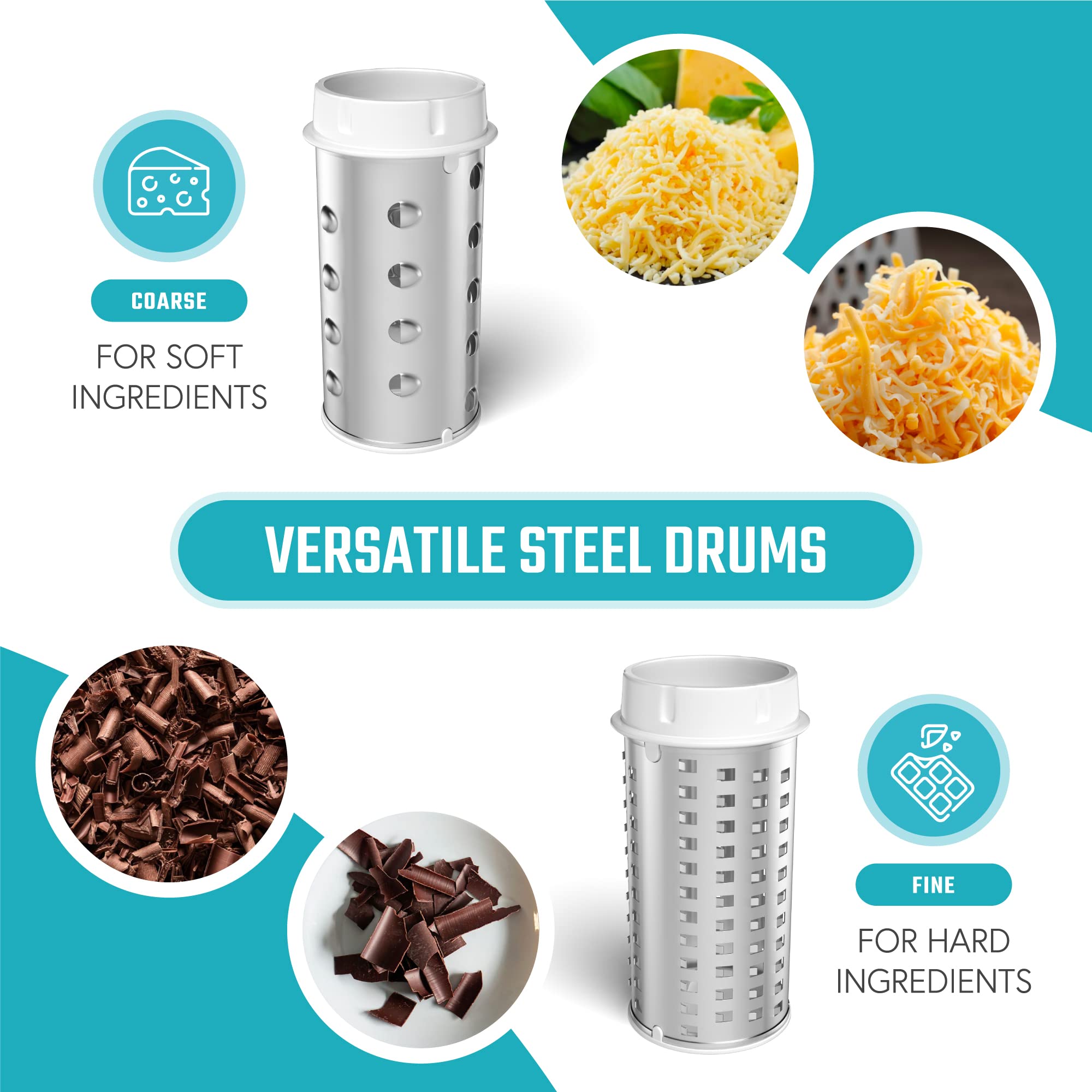 Vivaant Professional-Grade Rotary Grater - 2 Stainless Steel Drums - Grate Or Shred Hard Cheeses, Chocolate, Nuts, and More - Award-Winning Design with Handle