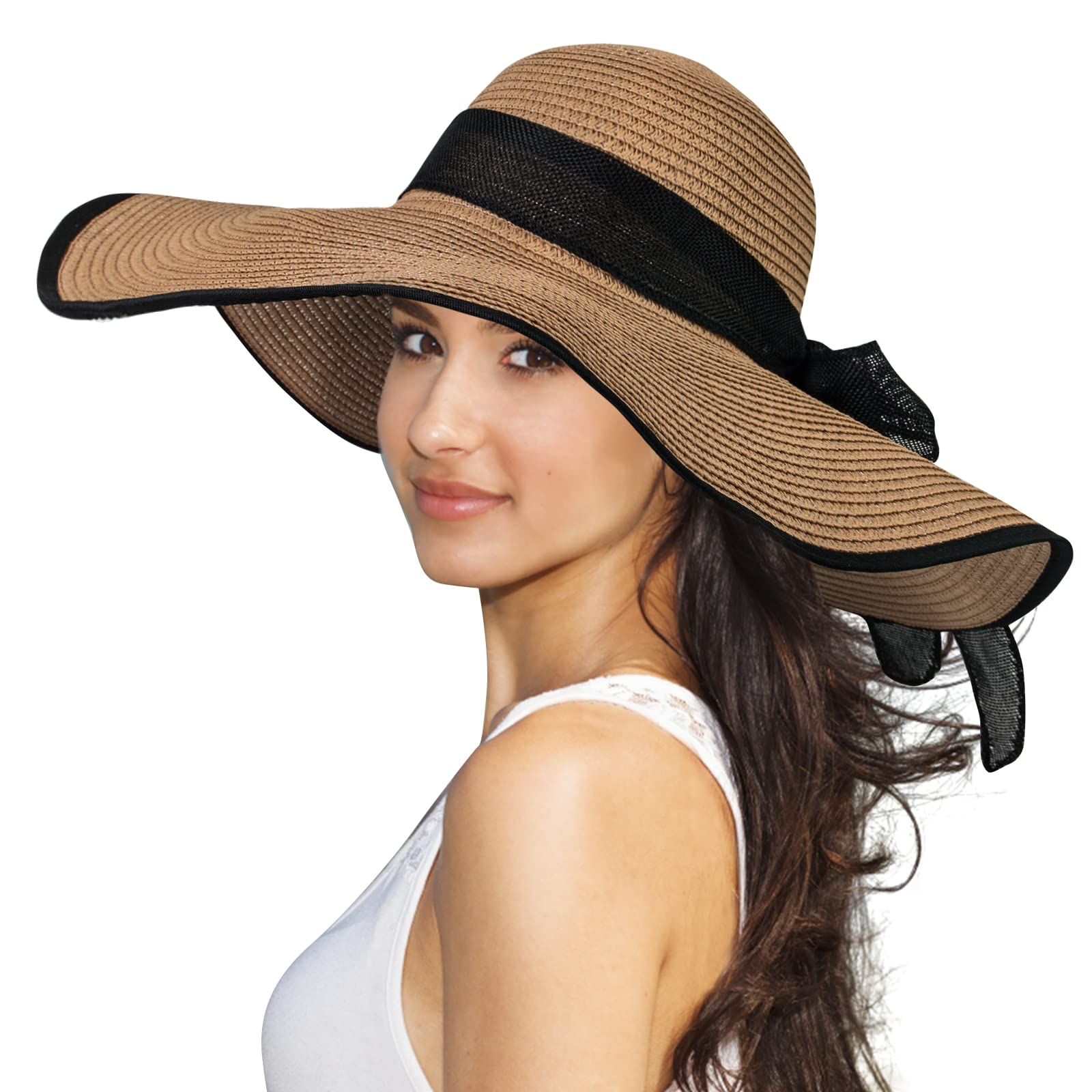 Sierry Floppy Sun Hats for Women Wide Brim Summer Beach Foldable Travel Straw Hats UV Protection(C1-Beige)