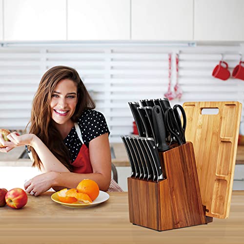 Wood Knife Block Set, 18 Pieces Kitchen Knife Set With Acacia Wood Knife Block, Cutlery With Knife Sharpener&14 Knives, Shear and 1pcs Bamboo Cutting Board Included For KitchenâŚ