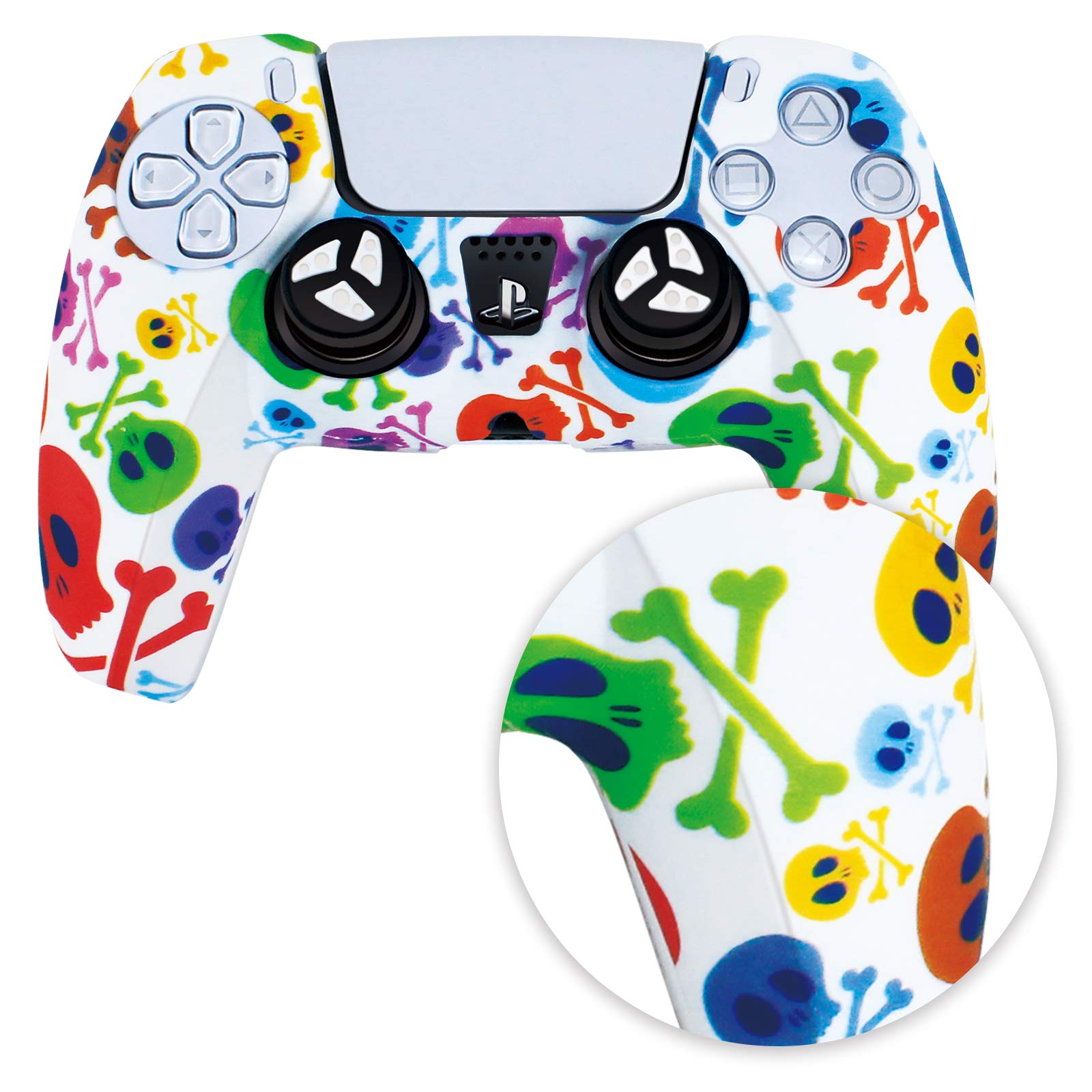 SIKEMAY Silicone Printing Cover Skin for PS5 Controller Grip, Protective Case for Playstation 5 Accessories with 10 Thumb Grip Caps(Colorful Skull)