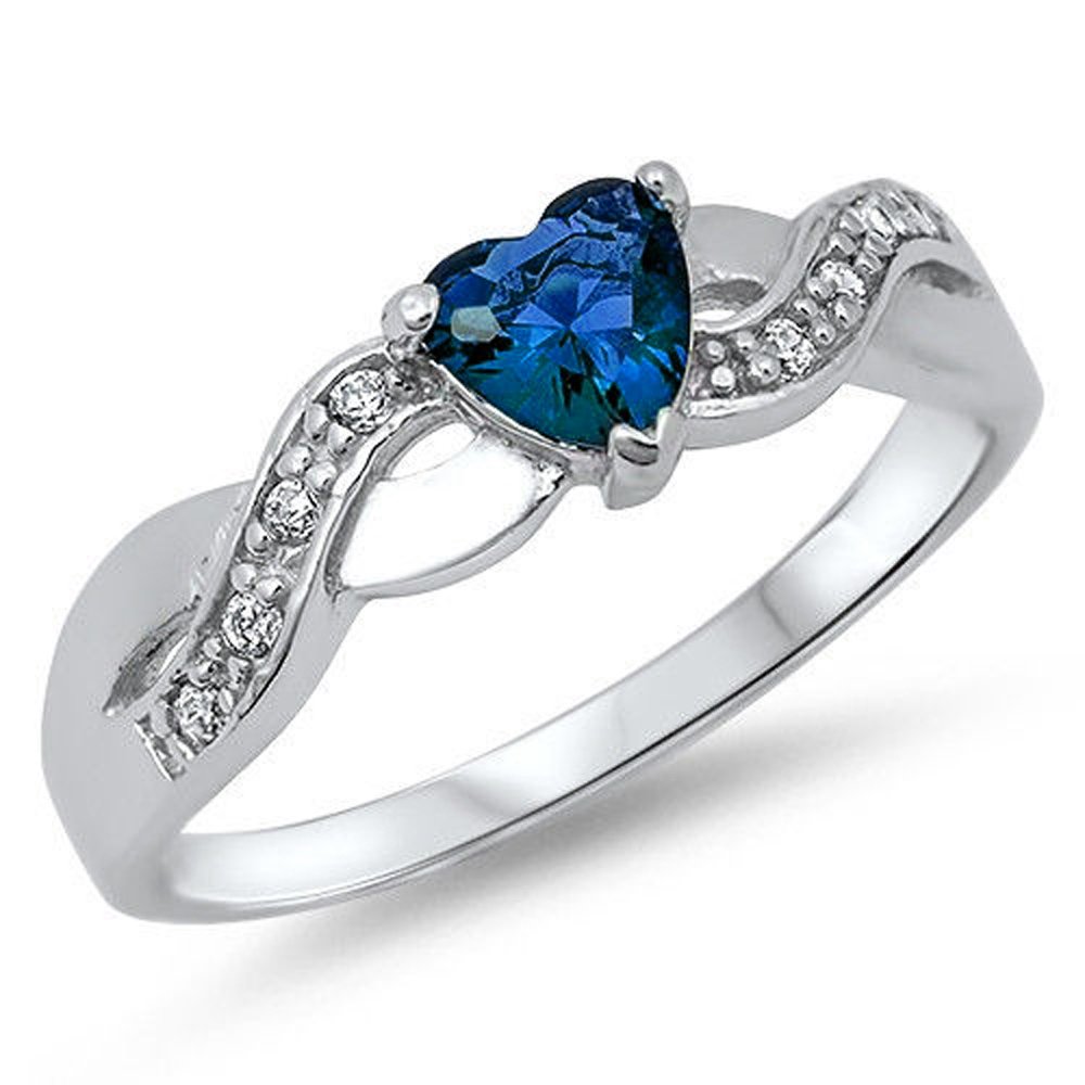 Oxford Diamond Co Simulated Blue Sapphire Heart & Cubic Zirconia Infinity Band .925 Sterling Silver Ring Size 5