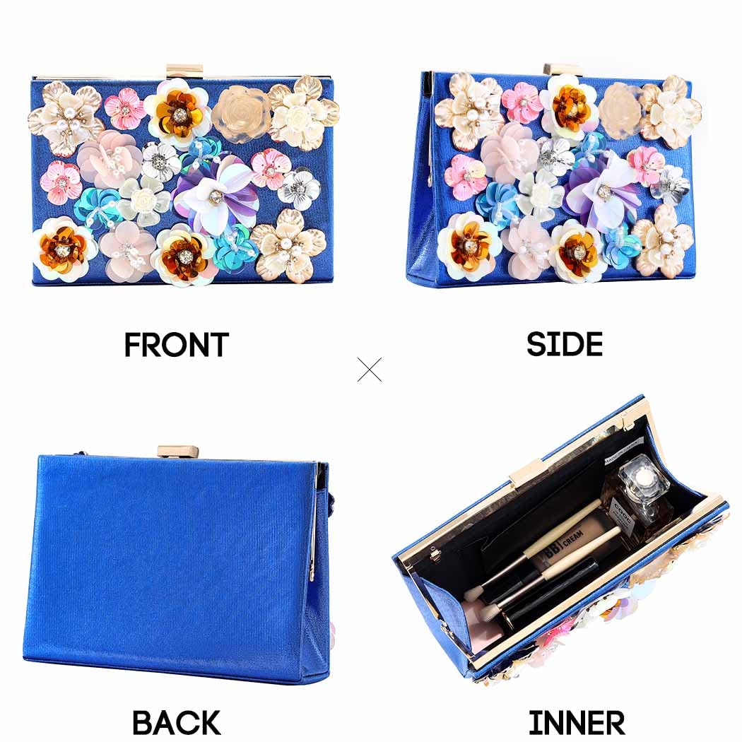 Yokawe Women's Evening Bag Flowers Clutch Purses Floral Bride Wedding Cocktail Handbags (Blue)