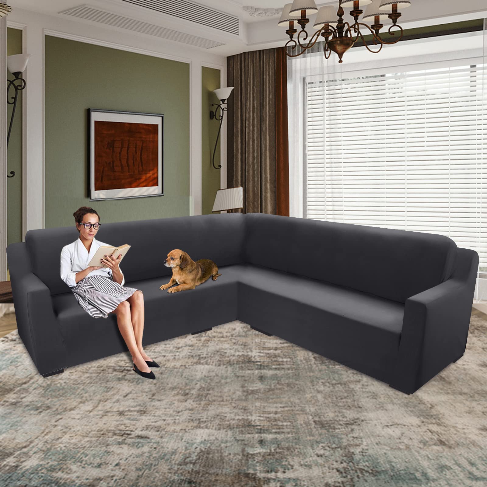 ROFASVCO Corner Sectional Couch Covers L Shape Sofa Cover Set Soft Stretch U Shaped Sectional Slipcovers for Dogs Pets Water Resistance Anti Slip L-Shaped Furniture Protector (Dark Gray, Large)
