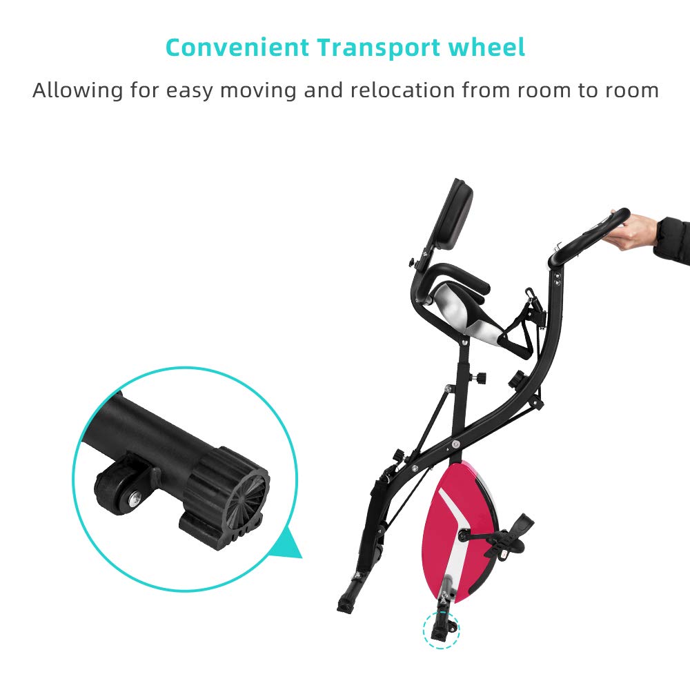 PEXMOR 3 in 1 Adjustable Folding Exercise Bike Convertible Magnetic Upright Recumbent Bike with Arm Bands and Leg Bands (Red)
