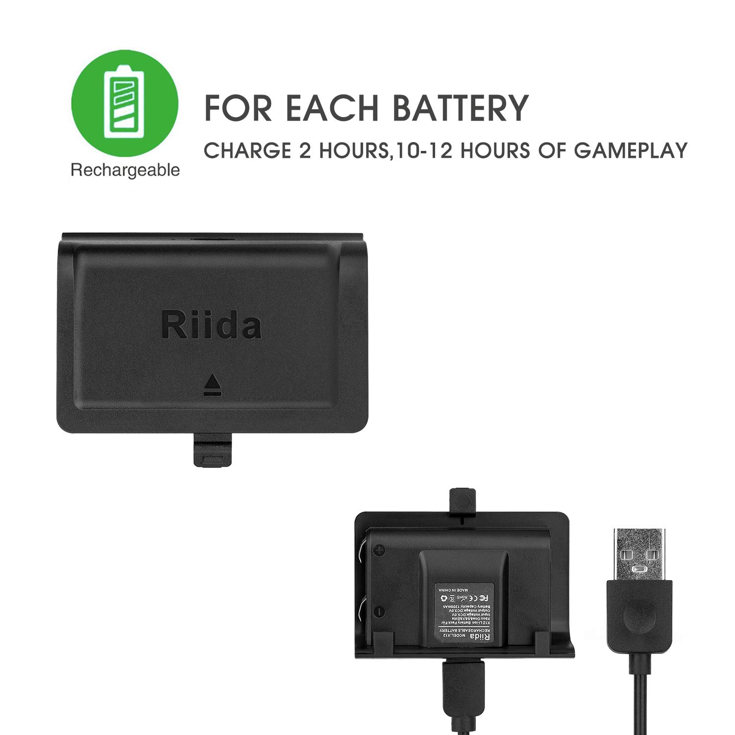 Rii Xbox one Battery Pack 1200mAh (2-Pack) Rechargeable Lithium for Xbox One S/Xbox One X/Xbox One Elite Wireless Controller with 2 of 1 Feet Micro USB Charging Cable and LED Indicator