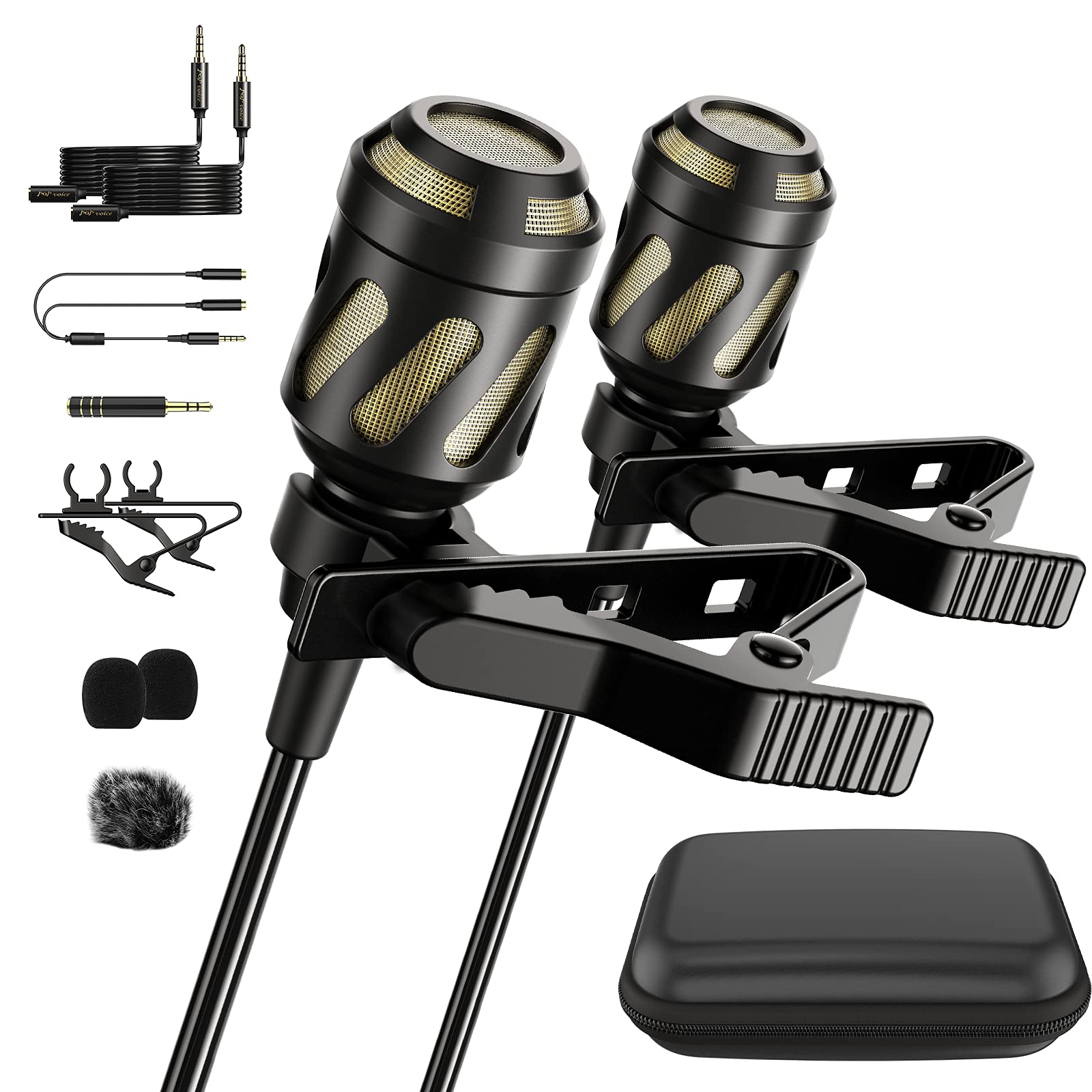 PoP voice 18 Feet Dual Lavalier Microphone, 2 Pack Lapel Microphones for iPhone,Android, PC,Computer,Laptop,Camera,Professional Condenser mic for YouTube,Interview,Video,Include Various Accessories
