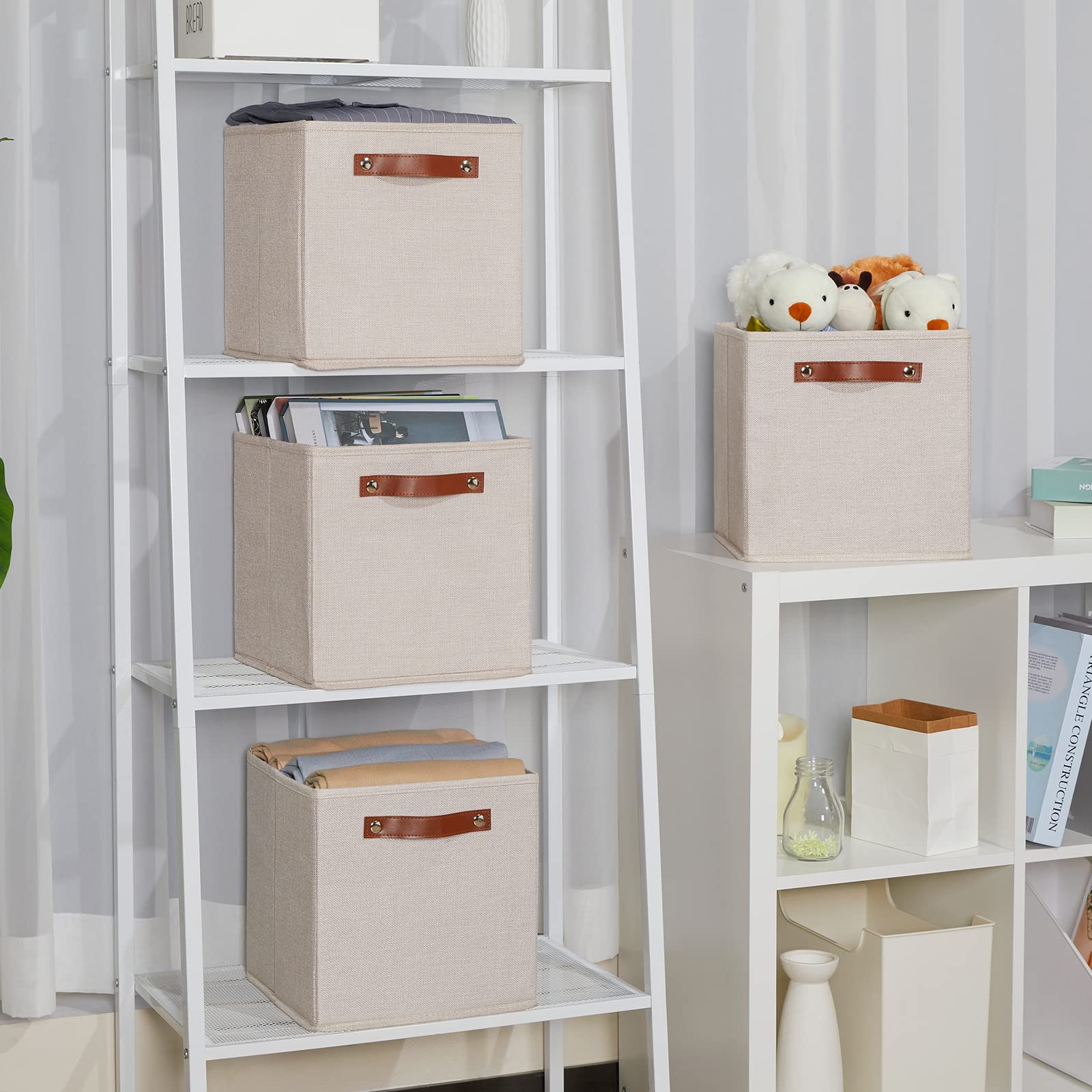 Temary 11x11 Storage Cubes Fabric Storage Cubes Storage Bins with Dual Leather Handles Canvas Storage Boxes for Organizing Home, Office, Nursery, Shelf, Closet (Beige, 11 x 11 x 11)