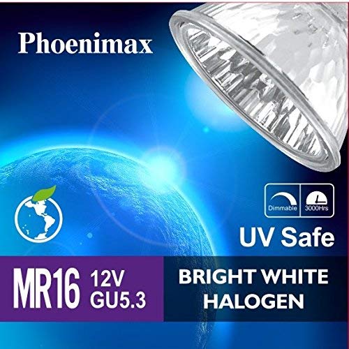 Phoenimax 6PCs MR16 12V 50W 800LM Halogen Bulb GU5.3 EXN Professional Quartz dichroic Reflector UV Stop Tempered Glass Cover dimmable for spot Lights Warm White 3000K