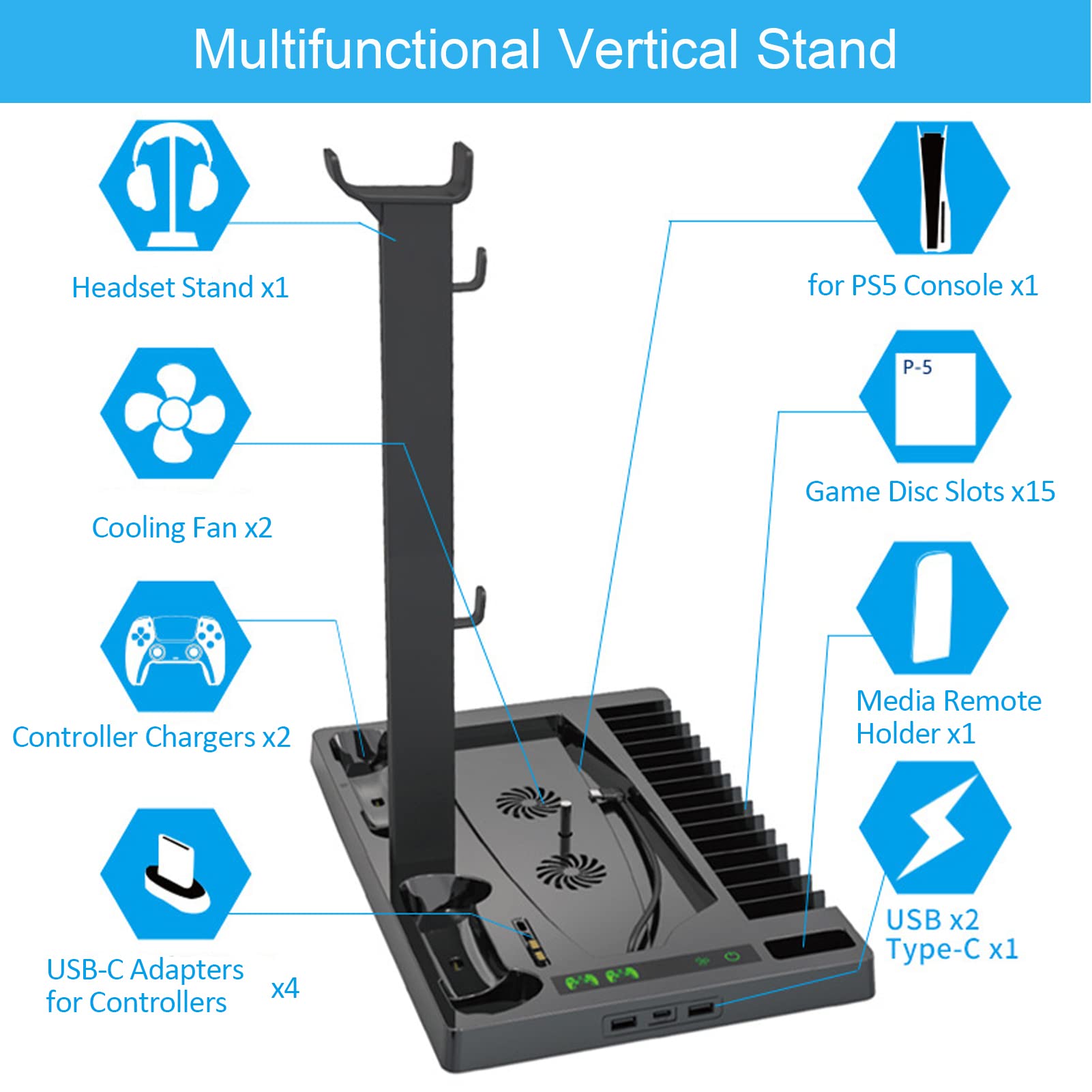 Vertical Cooling Fan Stand for PS5 Console, Digital Editions Dual Controllers Charger, 2 Silent Cooling Fans, Retractable Game Storage Slots, for Playstation 5