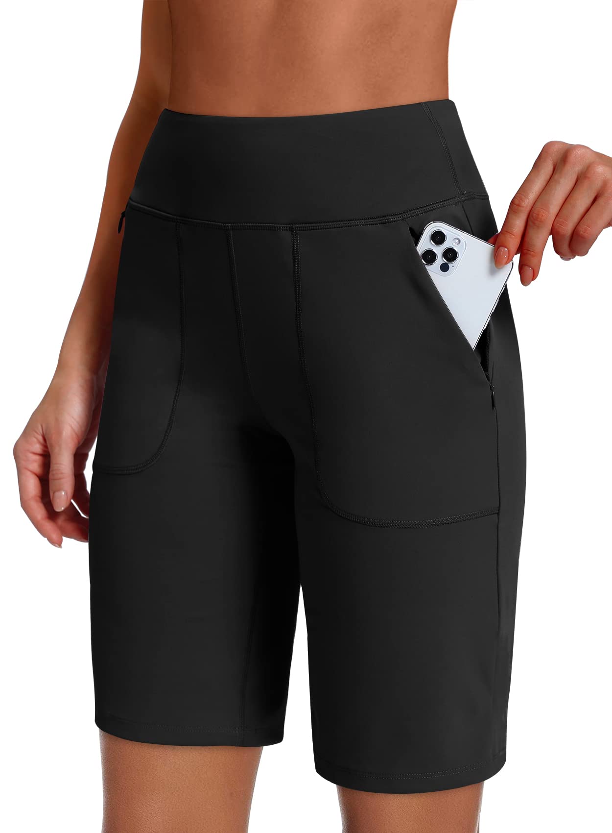 XIEERDUO Women's 10" Bermuda Shorts Long Athletic High Waisted Running Shorts with Zipper Pockets for Walking Casual Summer Black L