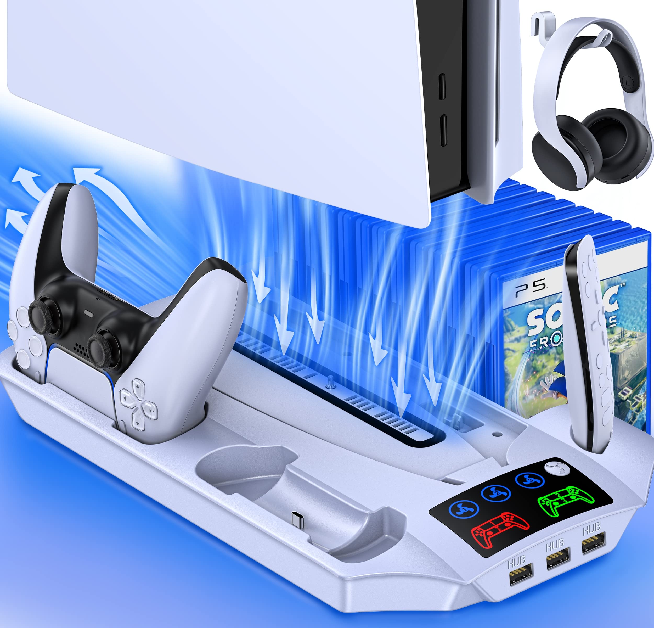 Vertical Cooling Stand for PS5 with 13 Game Storage and Dual Fast Controller Charging Station