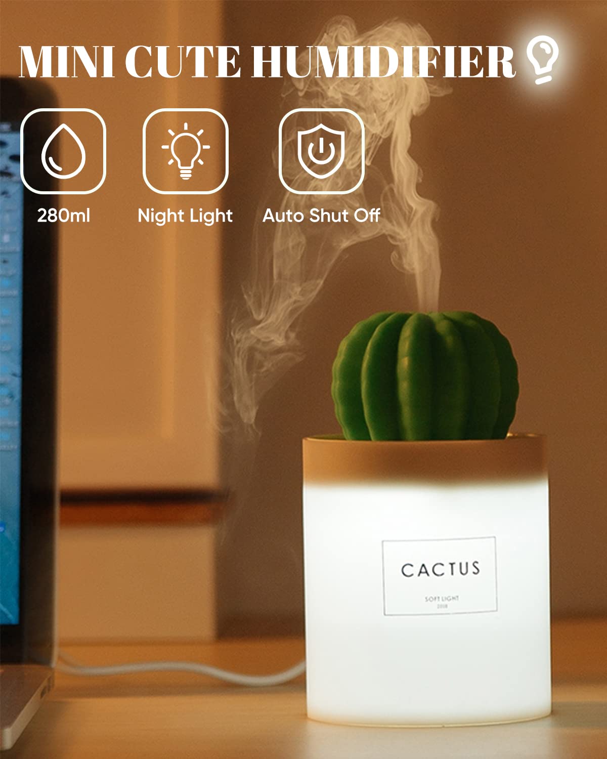 ONUEMP Cactus Humidifiers with Night Light, Mini Cool Mist Humidifier 280ml USB Portable Air Diffuser, Auto Shut-off, Gift for Christmas, Valentines, for Bedroom, Baby, Travel, Desktop, Home, Office