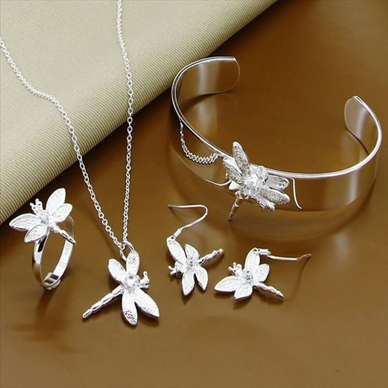 Style 925 Sterling Silver AAA Zircon Dragonfly Necklace Earrings Ring Bracelet Set For Female Engagement Party Wedding Fashi