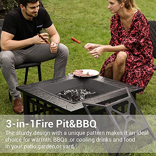 Multifunction Fire Pit Table w/Spark Screen, Fireplace Poker, Grate, Outdoor Fire Pits BBQ Bowl, Square Metal Firepit Table for Backyard Patio Bonfire Garden