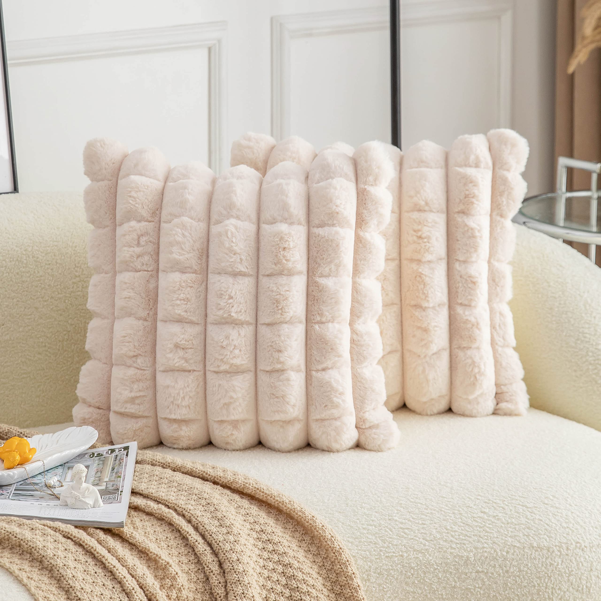 Neelvin Cream White Faux Fur Cozy Soft Plaid Decorative Throw Pillow Covers 18x18 inch Set of 2,Velvet Pillowcase Cushion Case for Sofa Couch