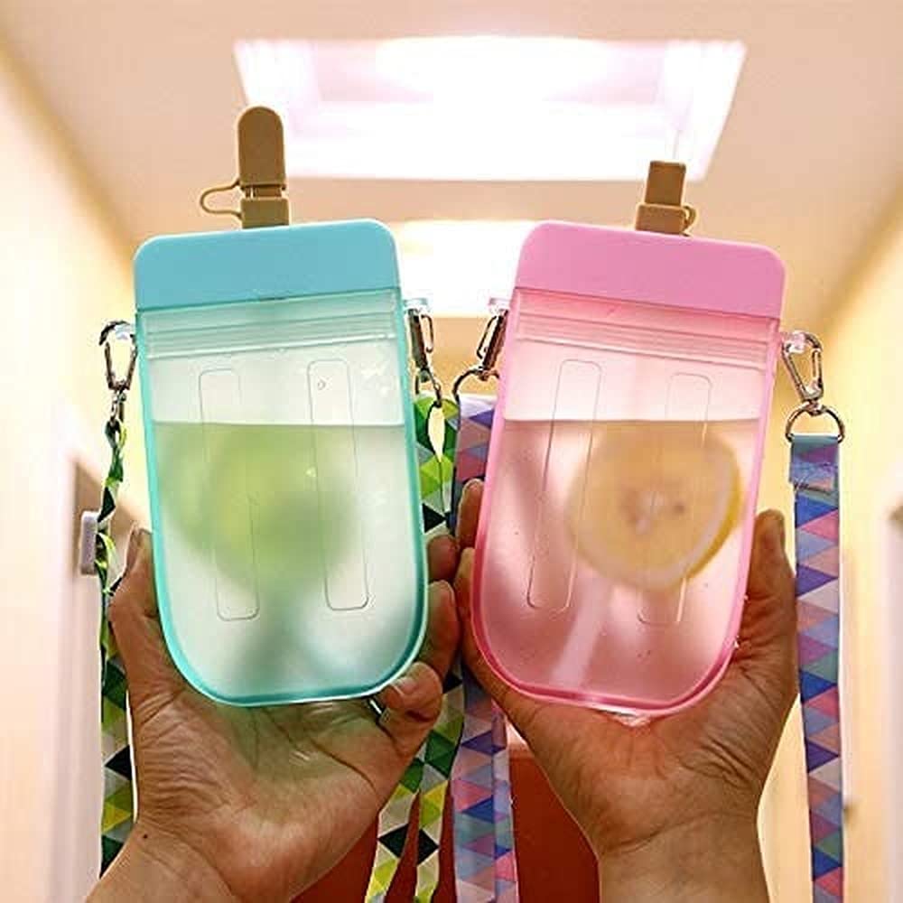 Vwey Cute Water Bottles with Straws, Creative Ice Cream Plastic Popsicle Drink Bottles, BPA Free Transparent Jug, Adjustable Shoulder Strap, for Outdoor Camping Sports Travel, 10 oz (Pink)