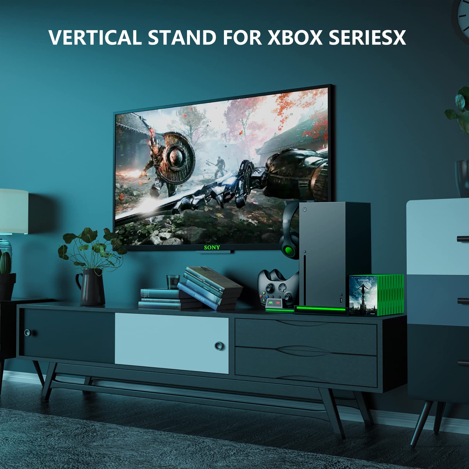 Vertical Stand for Xbox Series X, Dual Controller Charging Station Dock with 2 Rechargeable Battery Pack, 10 Games Slots Holder & Headphone Hook for Xbox Series X Accessories