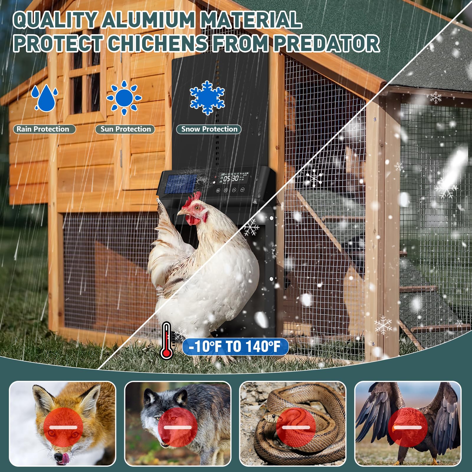 Profey Solar Powered Automatic Chicken Coop Door, LCD Display, 4 Modes, Waterproof, Aluminum Alloy, Remote Control, AA Battery Operated, 9.2x10.7x9.2 inches