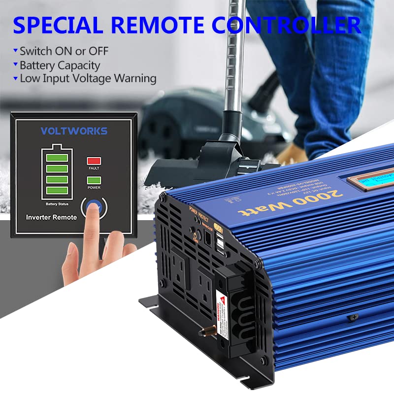 Pure Sine Wave 2000Watt Car Power Inverter ETL UL458 DC 12V to 120V AC with Remote Control and LCD Display 1 AC Terminal Block 2 AC Outlets 2x2.4A USB Ports for RV Truck Boat by VOLTWORKS (12VBlue)